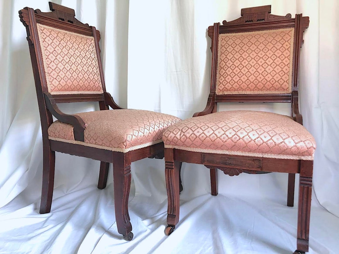 1800s VICTORIAN EASTLAKE Chairs, 2 Pink Silk Side Chairs, 2 Antique ...
