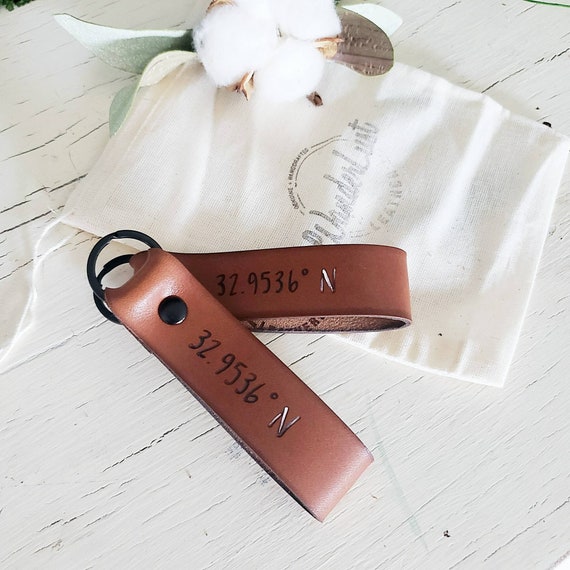 Custom Leather Keychain. Personalized GPS Coordinates. | Etsy