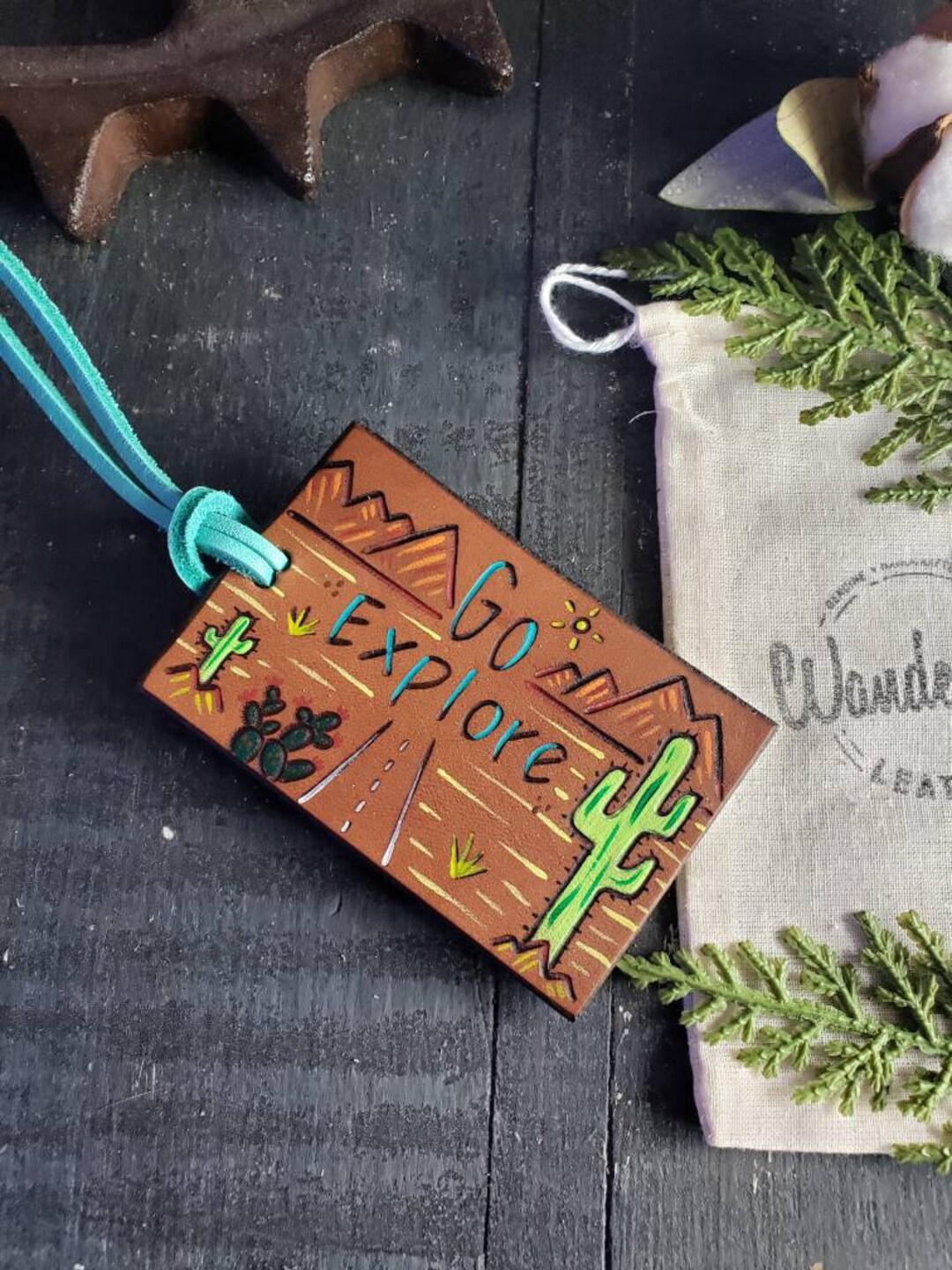 Handmade Leather Luggage Tag: Southwest Desert Cactus Design - Etsy