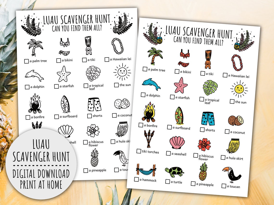 Luau Scavenger Hunt for Kids, Hawaiian Treasure Hunt and Tropical Aloha ...