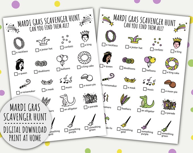 Mardi Gras Scavenger Hunt for Kids, Carnival Tuesday Treasure Hunt ...