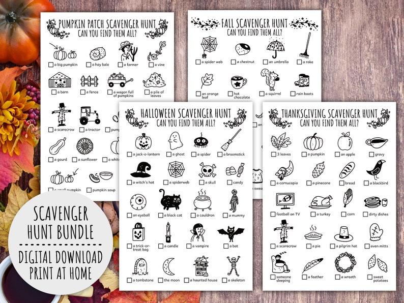 Fall Scavenger Hunt Bundle for Kids, Set of 4 Autumn Treasure Hunt ...