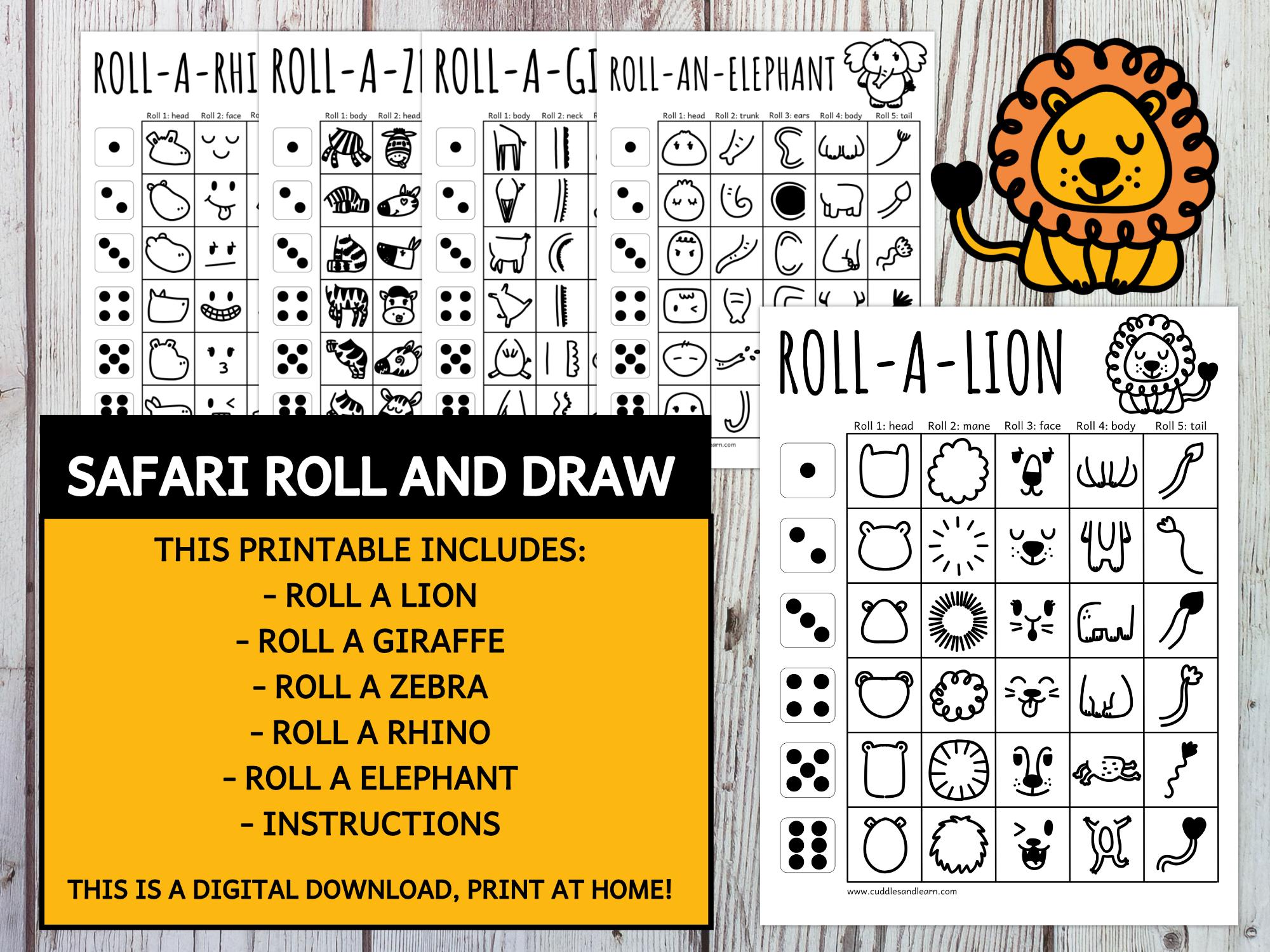 Safari Animal Roll and Draw Game Dice Drawing Activity for Kids BUNDLE ...