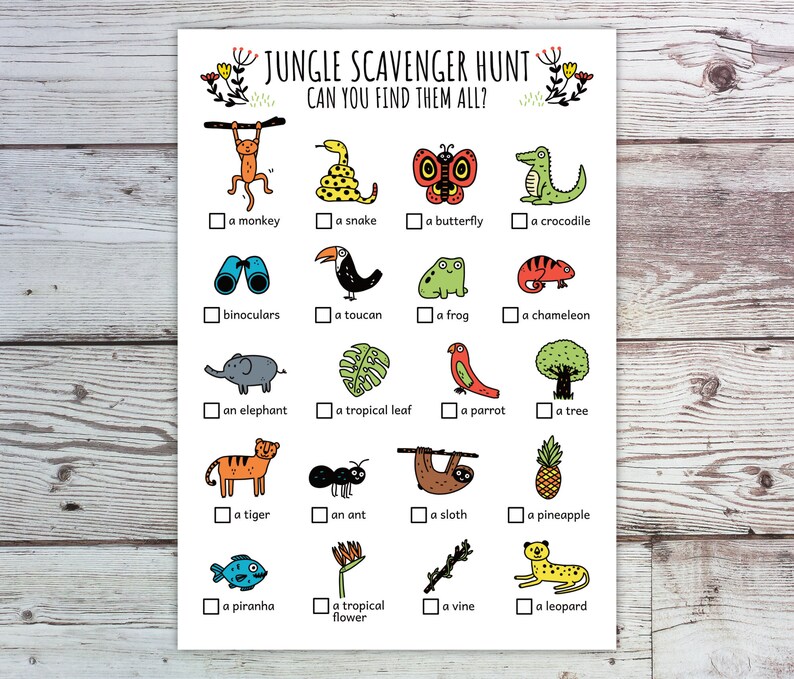Jungle Scavenger Hunt for Kids, Tropical Safari Animal Treasure Hunt ...