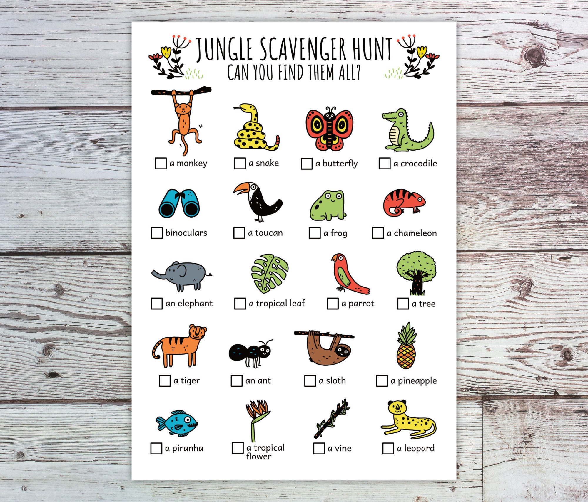 Jungle Scavenger Hunt for Kids, Tropical Safari Animal Treasure Hunt ...