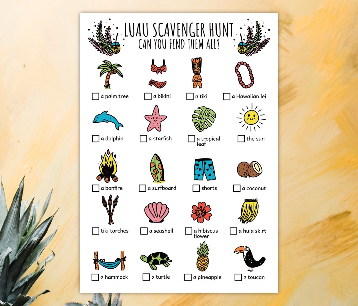 Luau Scavenger Hunt for Kids, Hawaiian Treasure Hunt and Tropical Aloha ...