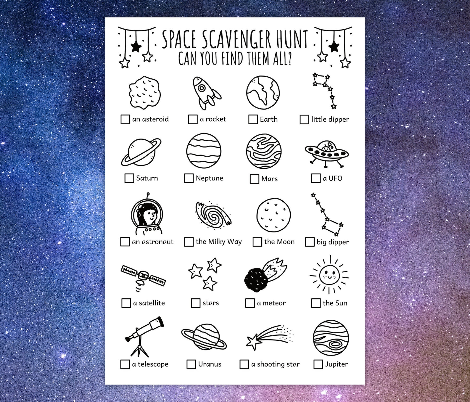 Space Scavenger Hunt for Kids, Planetarium Treasure Hunt, Galaxy ...