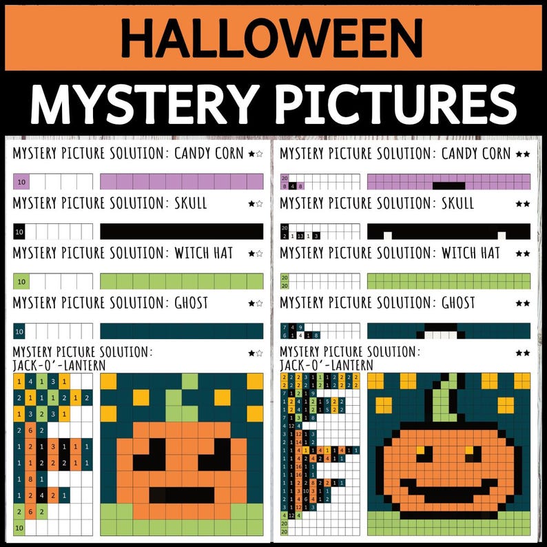 Halloween Mystery Picture Worksheets Pixel Art Color by Code - Etsy