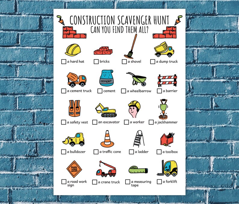 Construction Scavenger Hunt for Kids, Builder Construction Truck ...