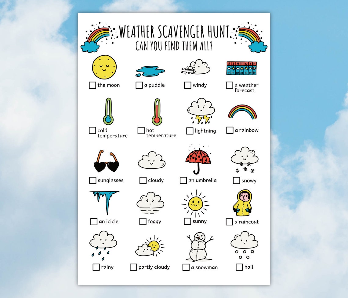 Weather Scavenger Hunt for Kids, Climate Treasure Hunt, Meteorology ...