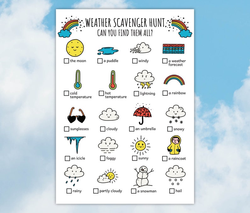 Weather Scavenger Hunt for Kids, Climate Treasure Hunt, Meteorology ...