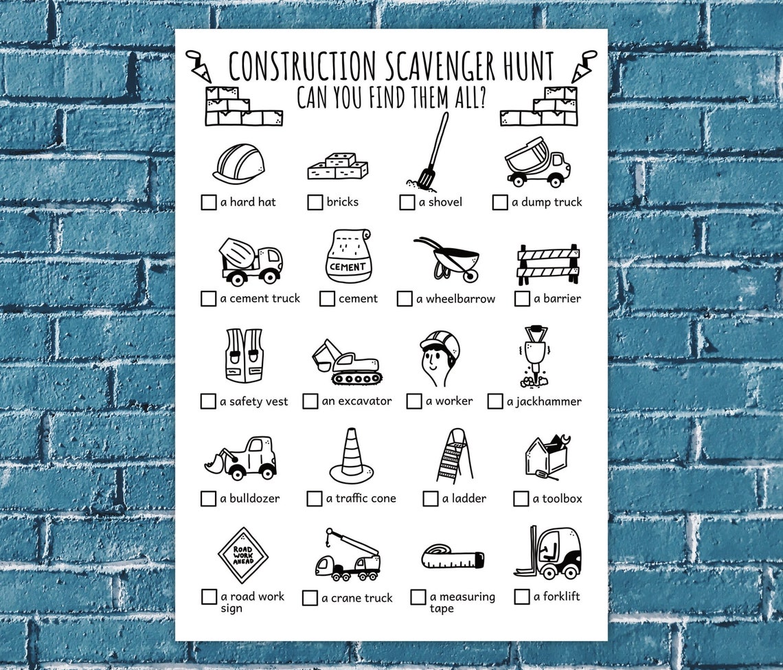 Construction Scavenger Hunt for Kids, Builder Construction Truck ...