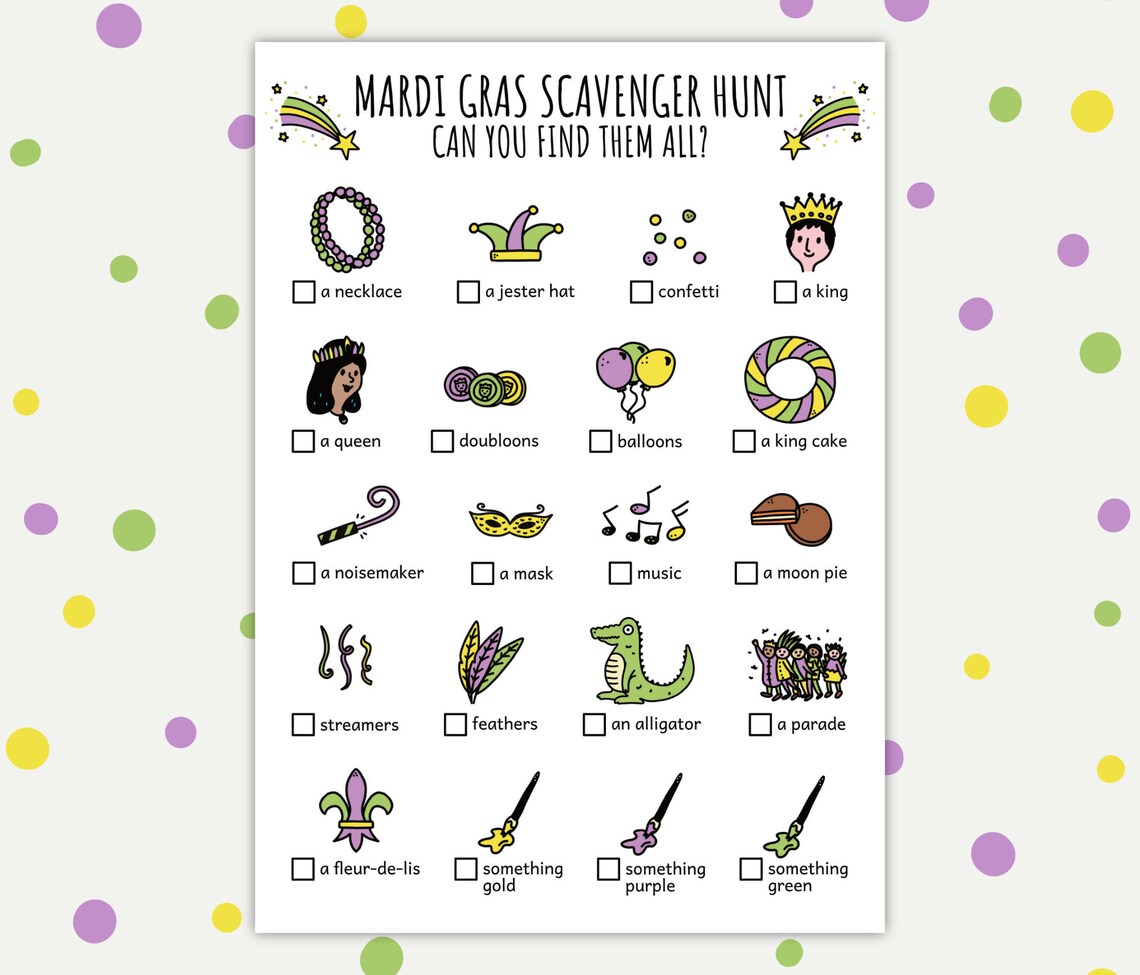 Mardi Gras Scavenger Hunt for Kids, Fat Tuesday Treasure Hunt, Shrove ...