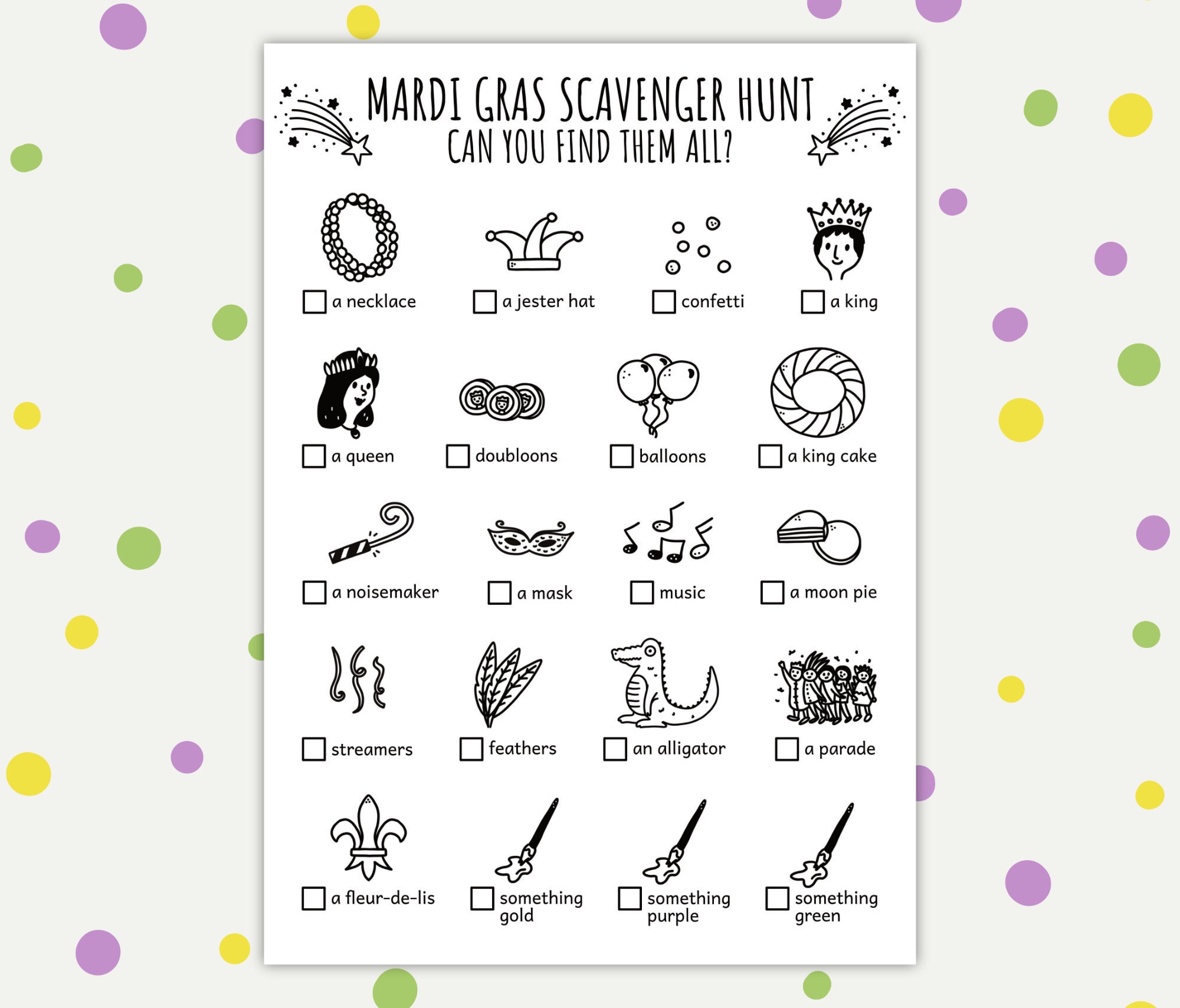 Mardi Gras Scavenger Hunt for Kids, Fat Tuesday Treasure Hunt, Shrove ...