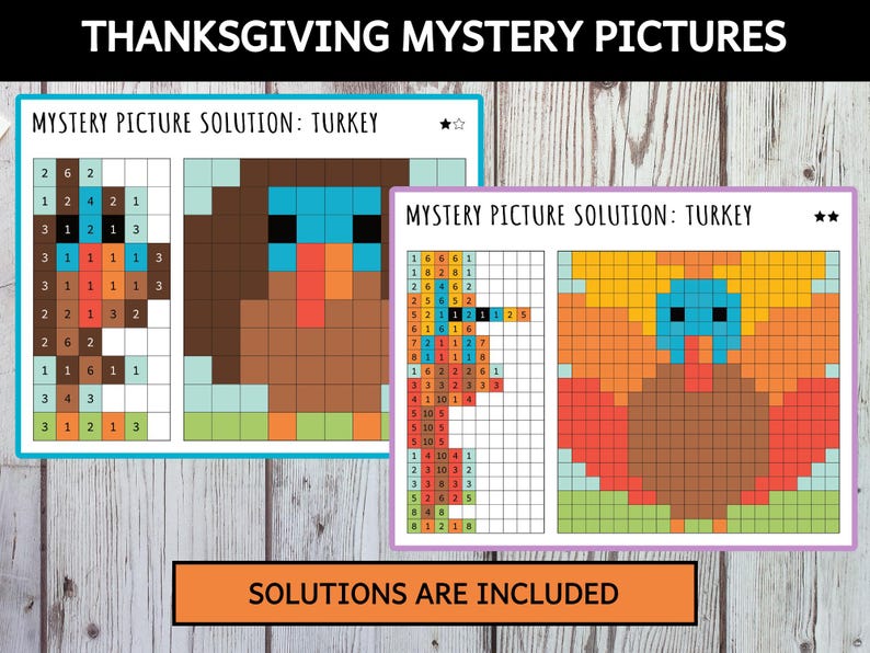 Thanksgiving Mystery Picture Worksheets Pixel Art Color by Code - Etsy