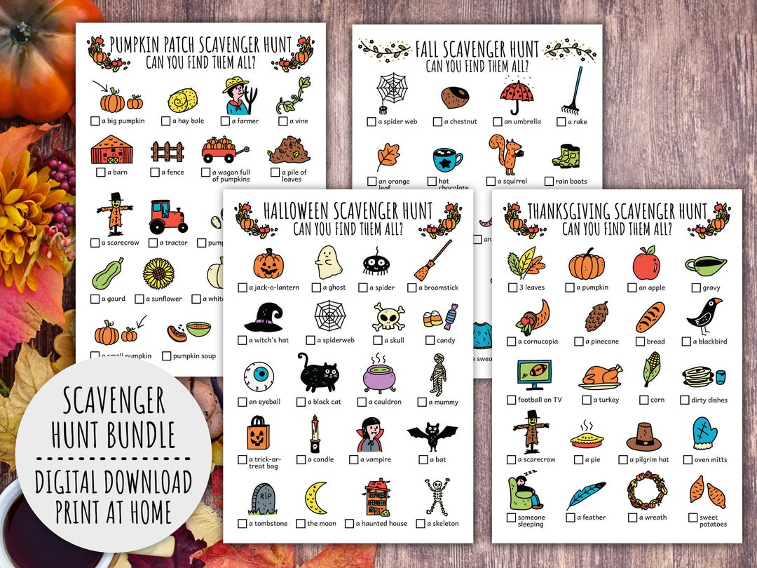 Fall Scavenger Hunt Bundle for Kids, Set of 4 Autumn Treasure Hunt ...
