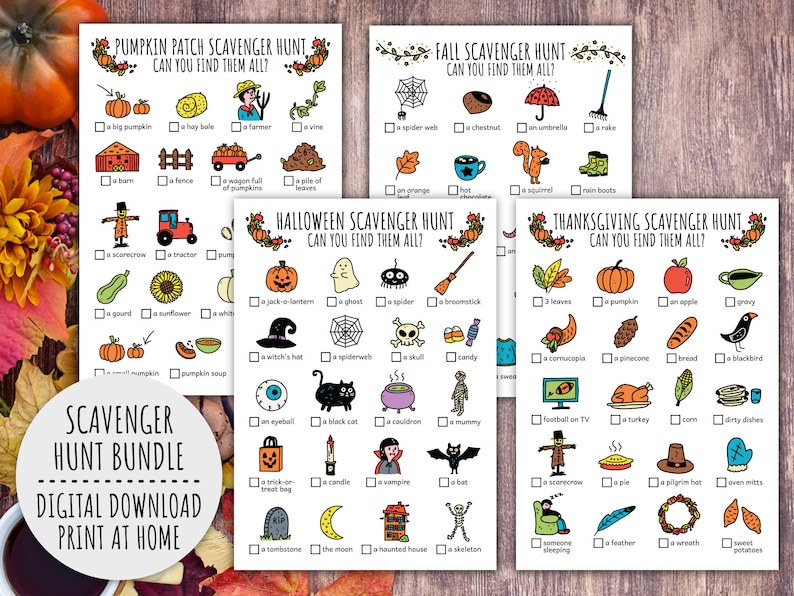 Fall Scavenger Hunt Bundle for Kids, Set of 4 Autumn Treasure Hunt ...