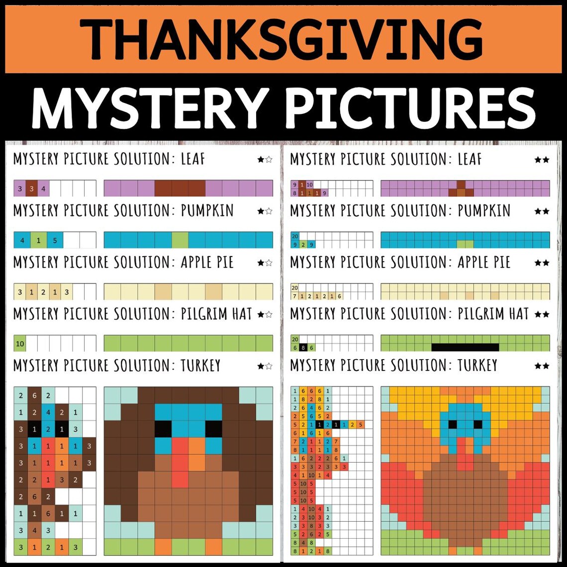 Thanksgiving Mystery Picture Worksheets Pixel Art Color by Code - Etsy