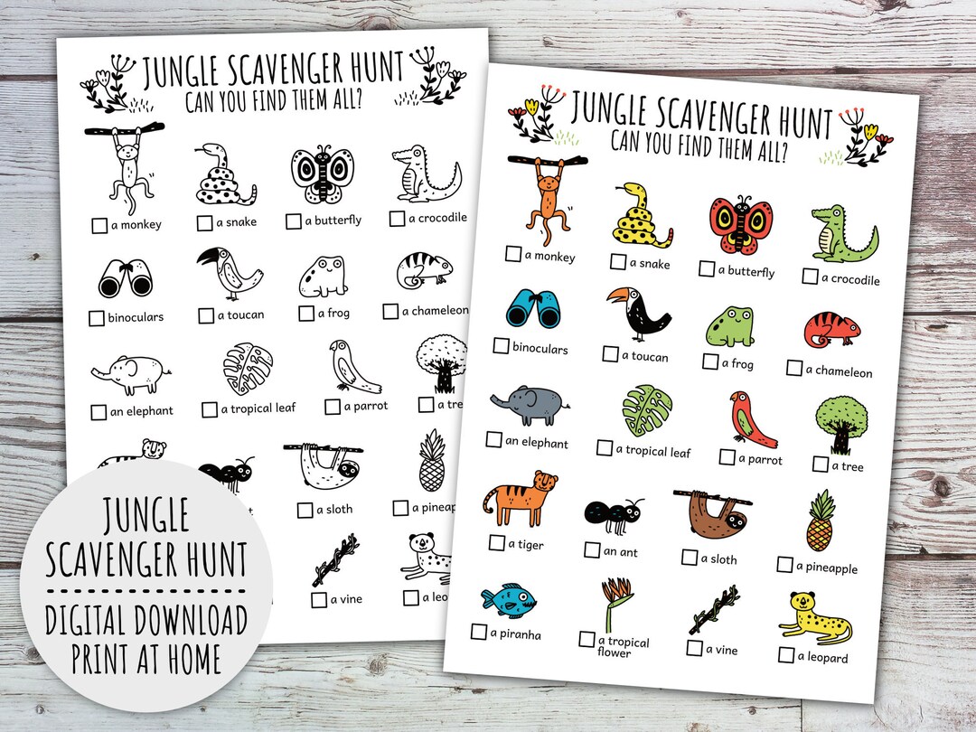 Jungle Scavenger Hunt for Kids, Tropical Safari Animal Treasure Hunt ...