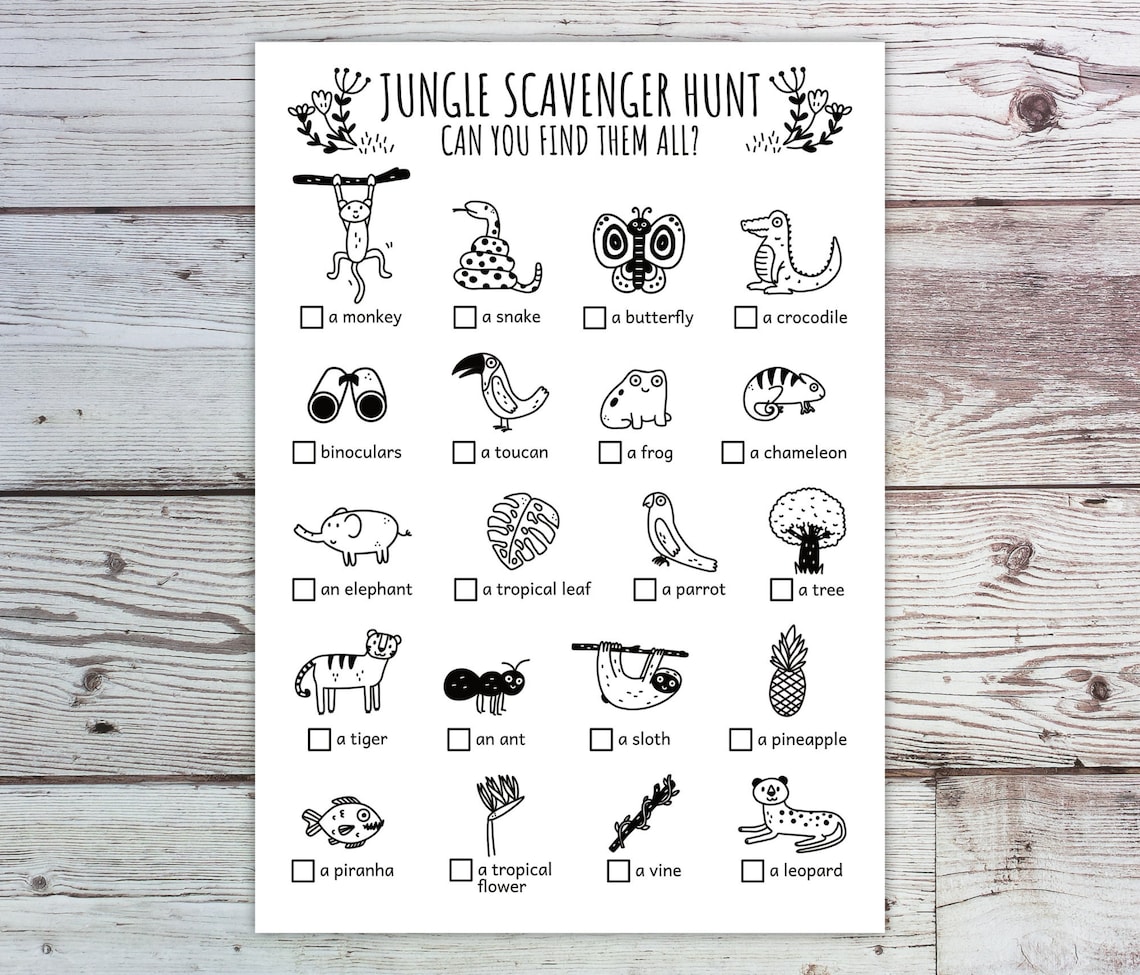 Jungle Scavenger Hunt for Kids, Tropical Safari Animal Treasure Hunt ...