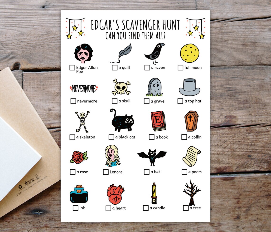 Edgar's Scavenger Hunt for Kids, Edgar Allan Poe Theme Treasure Hunt ...