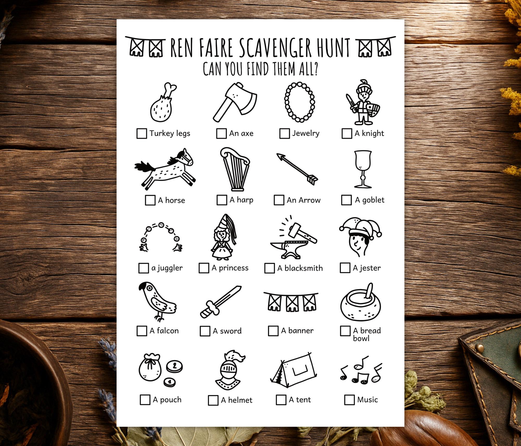 Ren Faire Scavenger Hunt for Kids – Printable Medieval Treasure Hunt ...