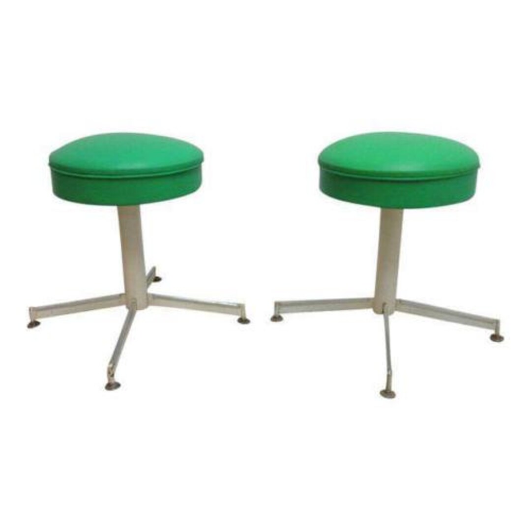 Pair Vintage Mid Century Revolving Green Button Foot Stools Ottoman ...