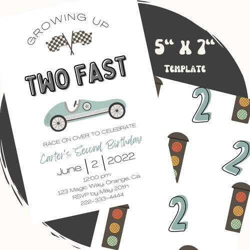 Growing up Two Fast Birthday Invitation Editable Red Race Car - Etsy