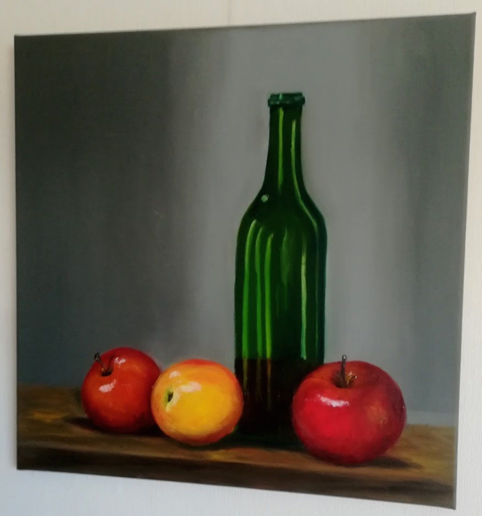 Vino y manzanas, bodegón sencillo y elegante, pintura al óleo, realista ...