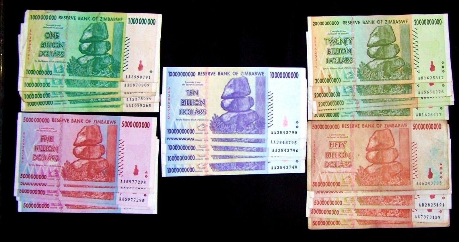 25 Pcs X Zimbabwe Banknotes 5 Each X 1/5/10/20/50 Billion Dollars- 2008 ...