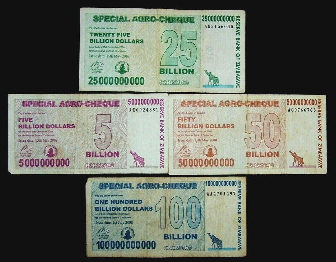 4 Piece Zimbabwe Agro Cheque Banknotes Setl 5/25/50/100 Billion Dollars ...