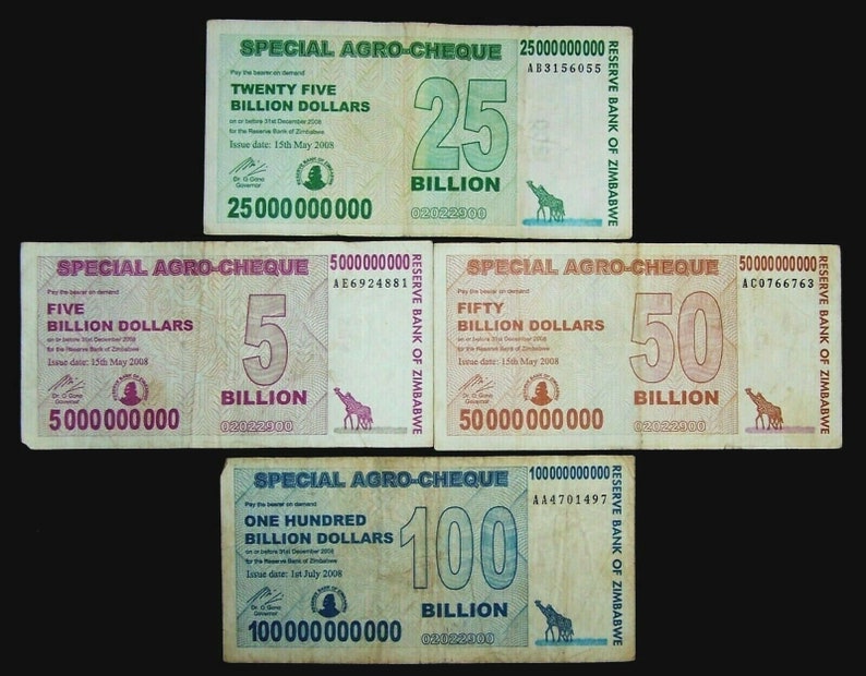 4 Piece Zimbabwe Agro Cheque Banknotes Setl 5/25/50/100 Billion Dollars ...