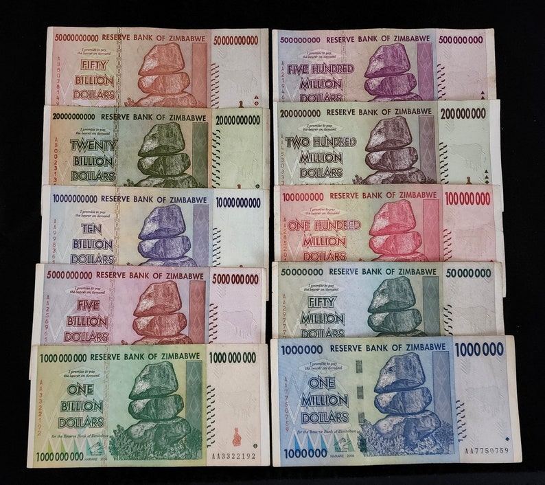 10 Zimbabwe Banknotes-1,50.100,200,500 Million / 1,5,10,20 & 50 Billion ...