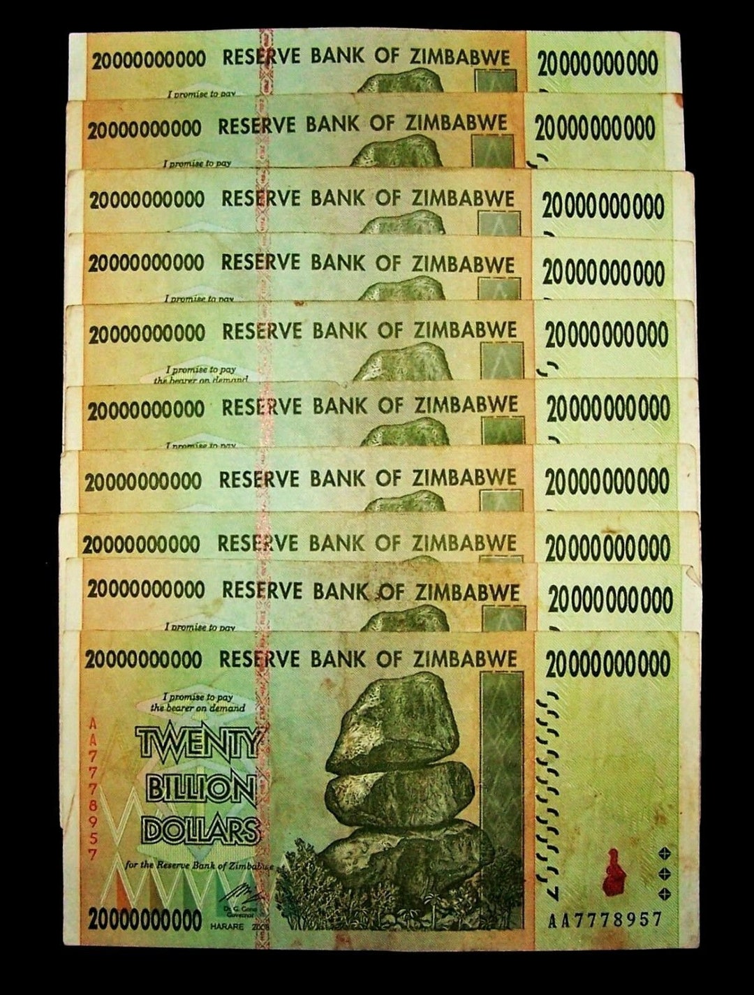 10 X Zimbabwe 20 Billion Dollar Banknotes-paper Money Currency-2008/aa ...