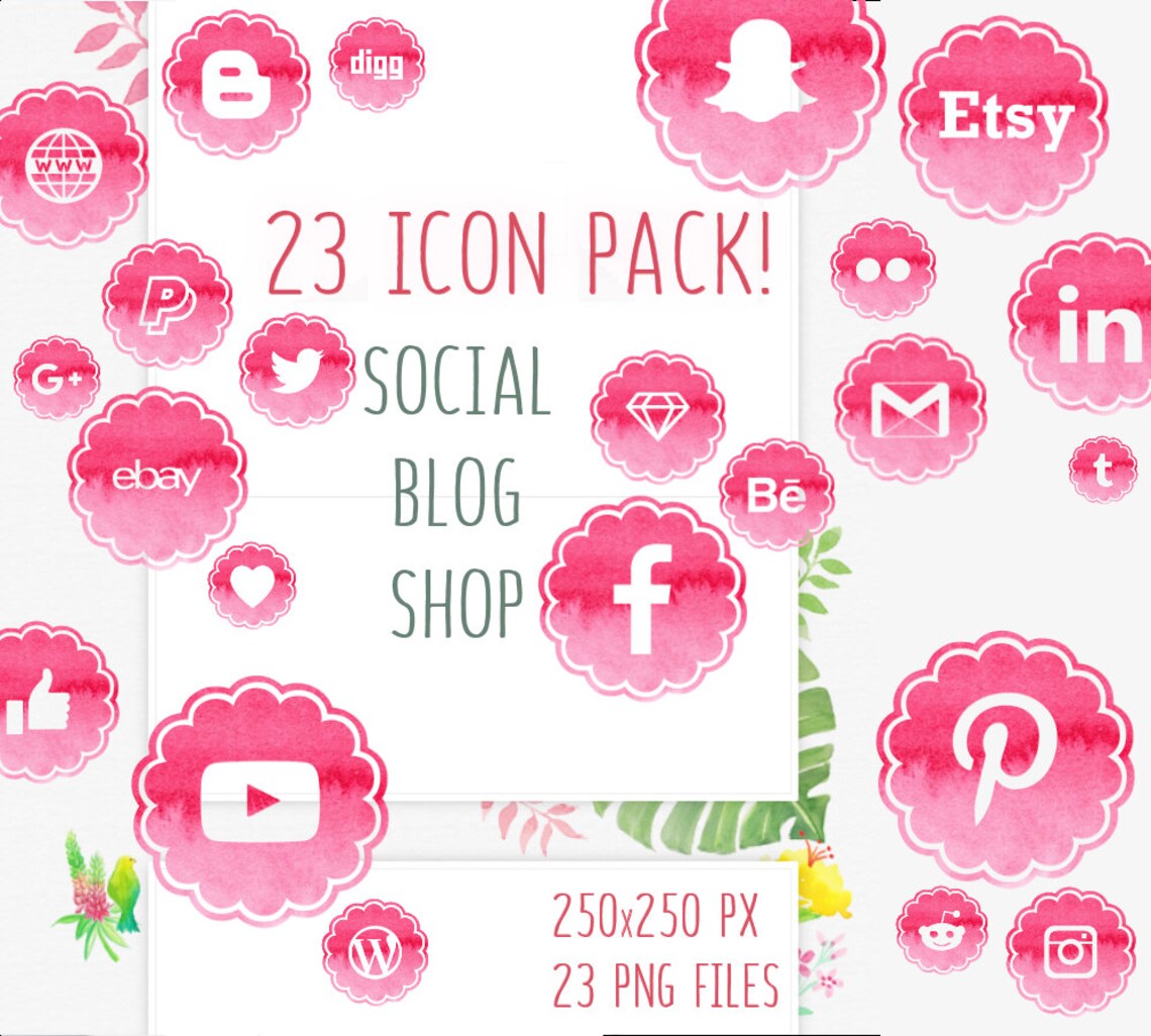 23 Pink Watercolour Social Media Icons - Beauty Blog Design Elements ...