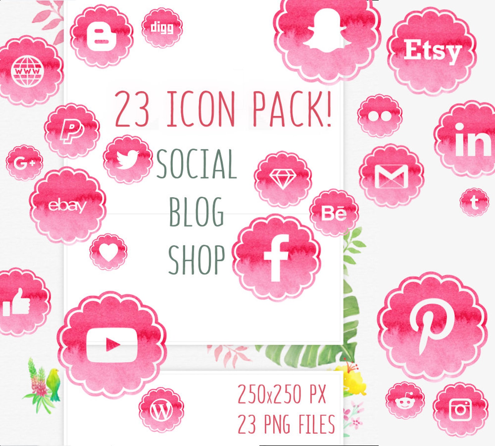 23 Pink Watercolour Social Media Icons - Beauty Blog Design Elements ...
