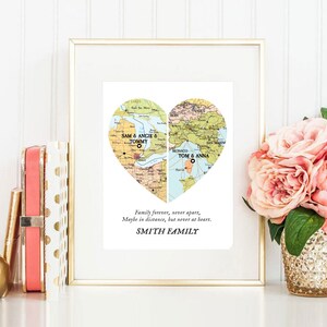 Family Together Map Print, Map 2 Places Family Heart Print,custom ...