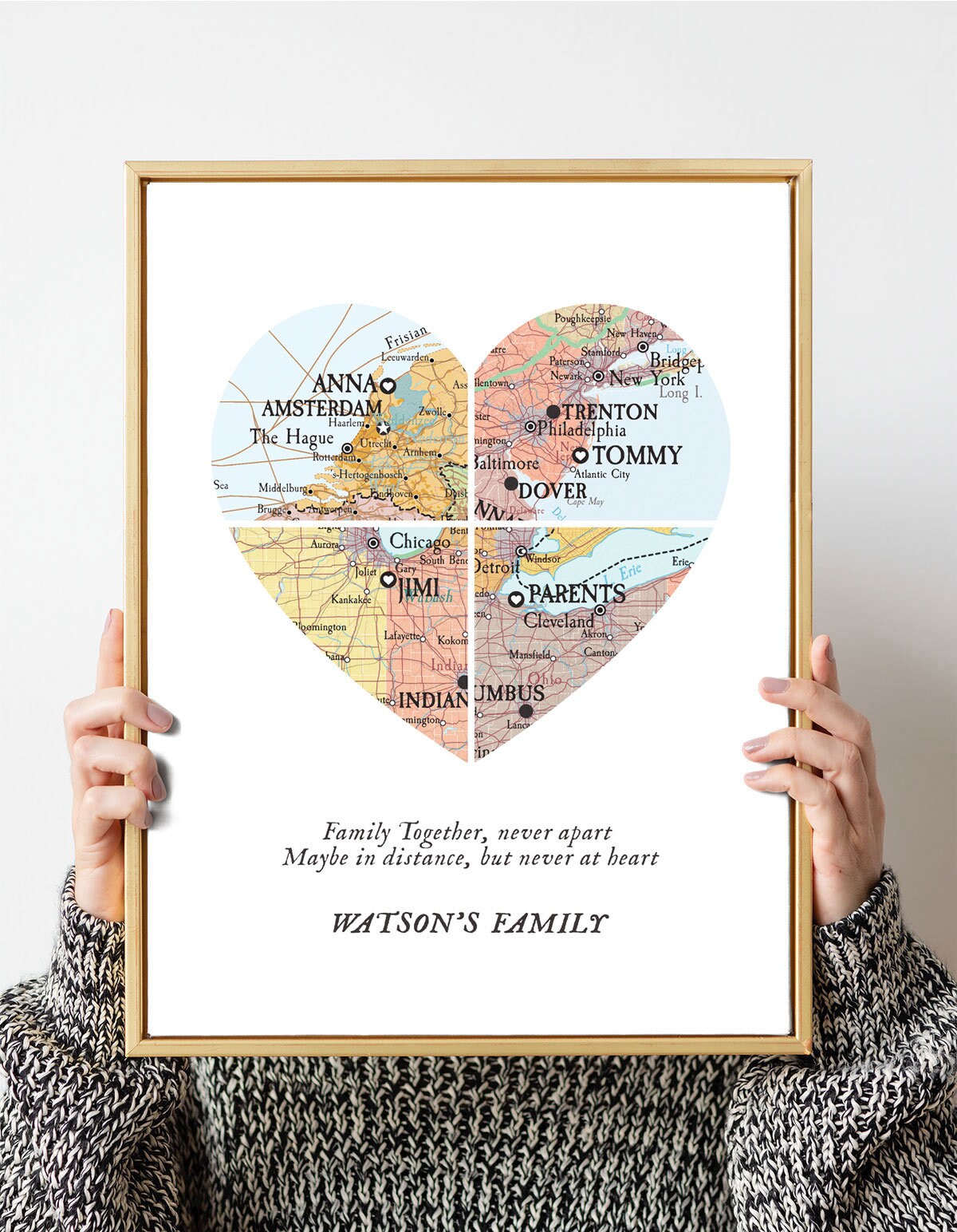 Family Map Printmap 4 Places Family Names Family Gift | Etsy