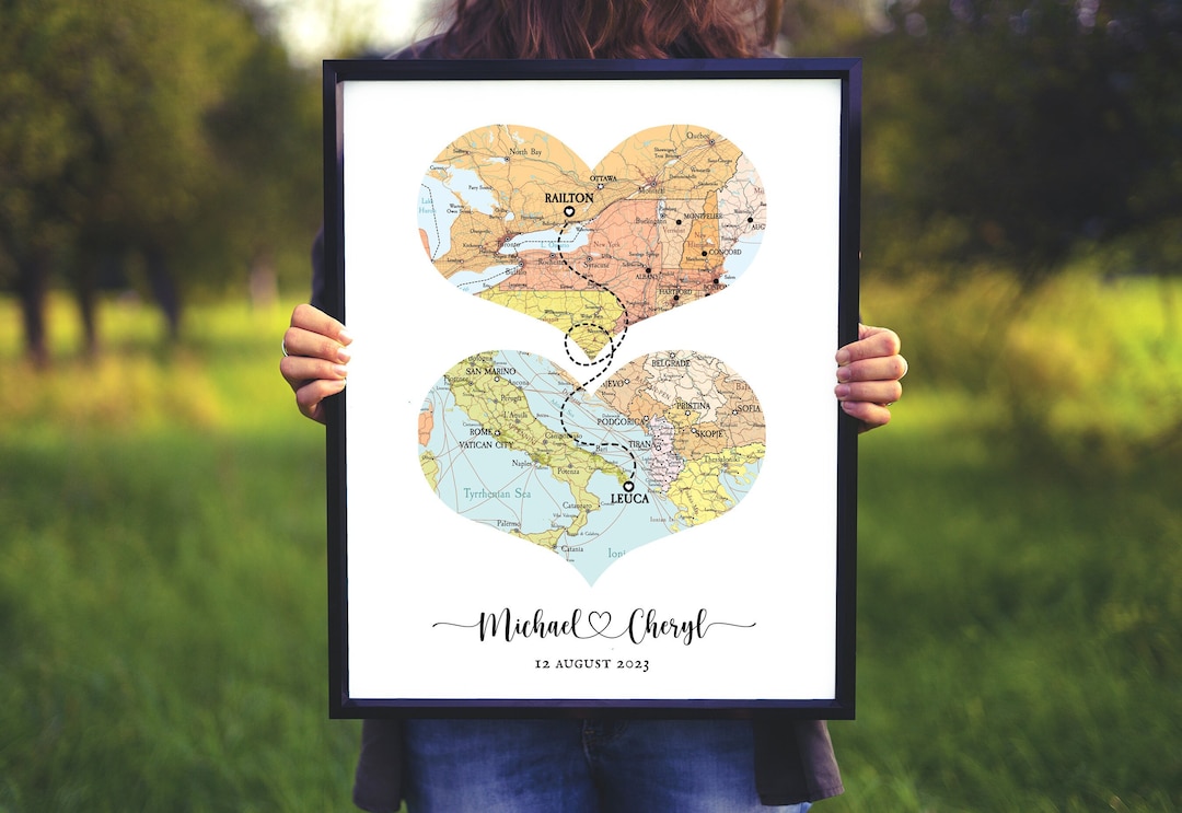 Map With 2 Places, Gift Print,custom Location Couple,christmas Gift ...