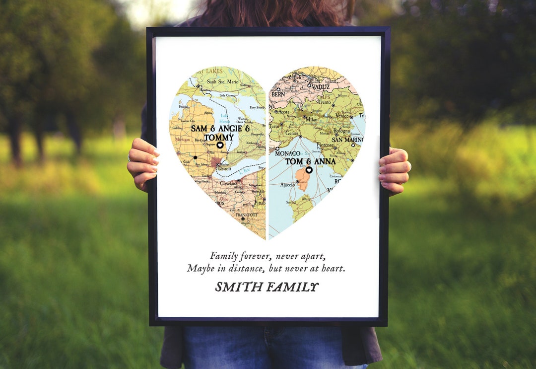 Family Together Map Print, Map 2 Places Family Heart Print,custom ...