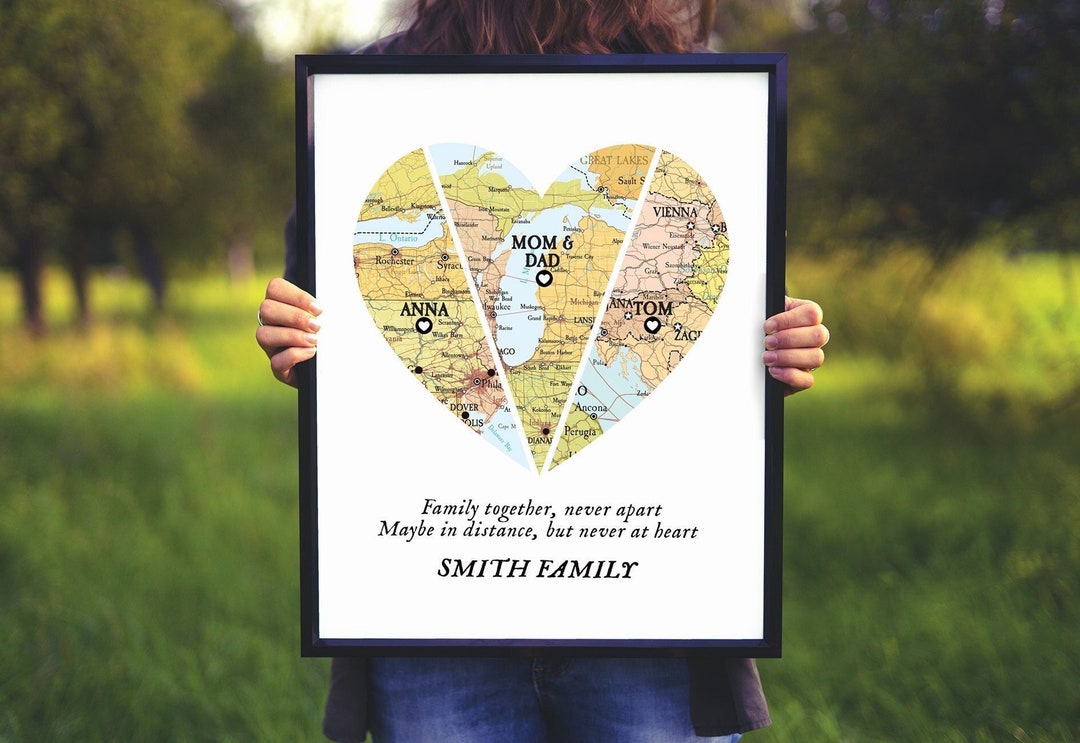 Family Together Map Print, Map 3 Places Family Heart Print,custom ...