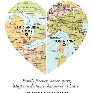 Family Together Map Print, Map 2 Places Family Heart Print,custom ...