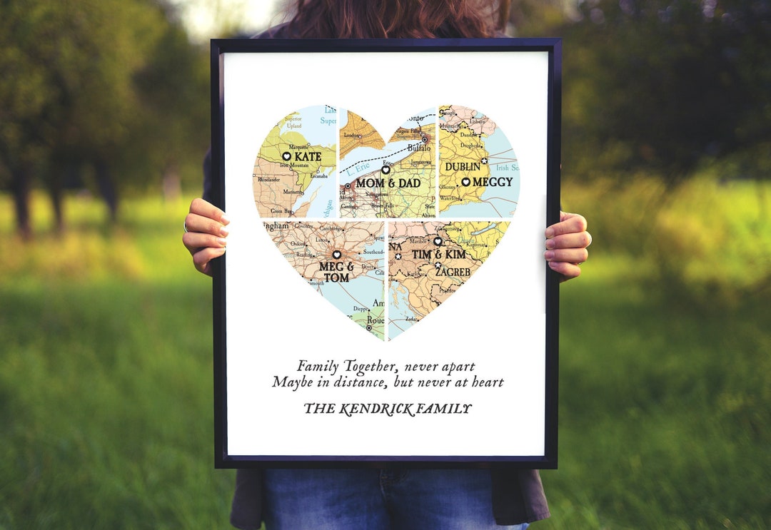 Family Map Print With Names, Map 5 Places Heart Print, Gift for Parents ...