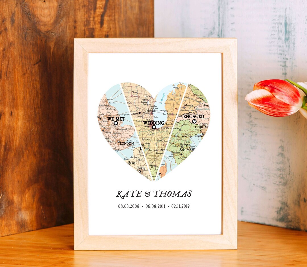 Custom Location Map Print: Heart, 3 Places, Couple Gift - Etsy