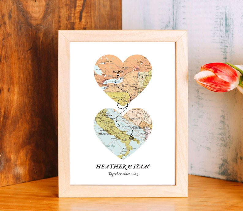 Map With 2 Places, Couple Map, Distance Map Couple, Wedding Gift Print ...