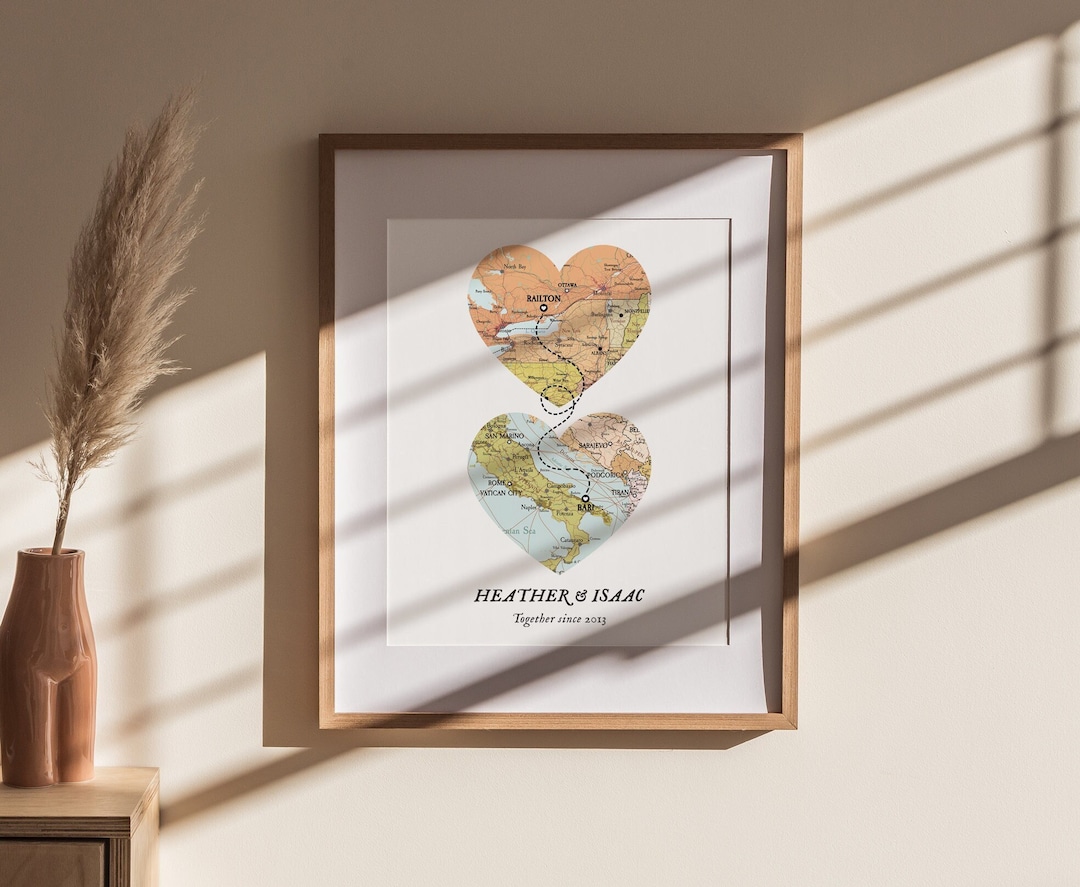 Map With 2 Places, Couple Map, Distance Map Couple, Wedding Gift Print ...