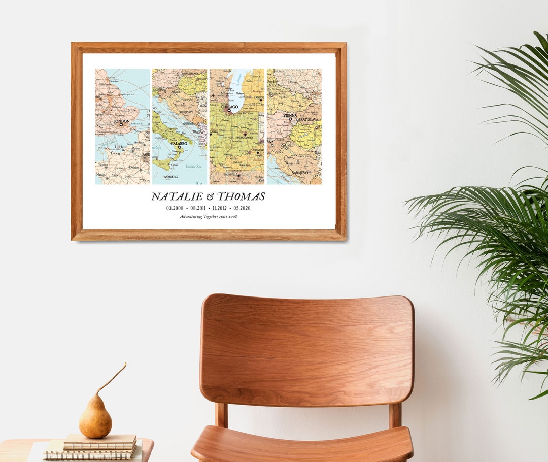 Adventure Together Map, Map 4 Places Print, Anniversary Gifts, Custom ...