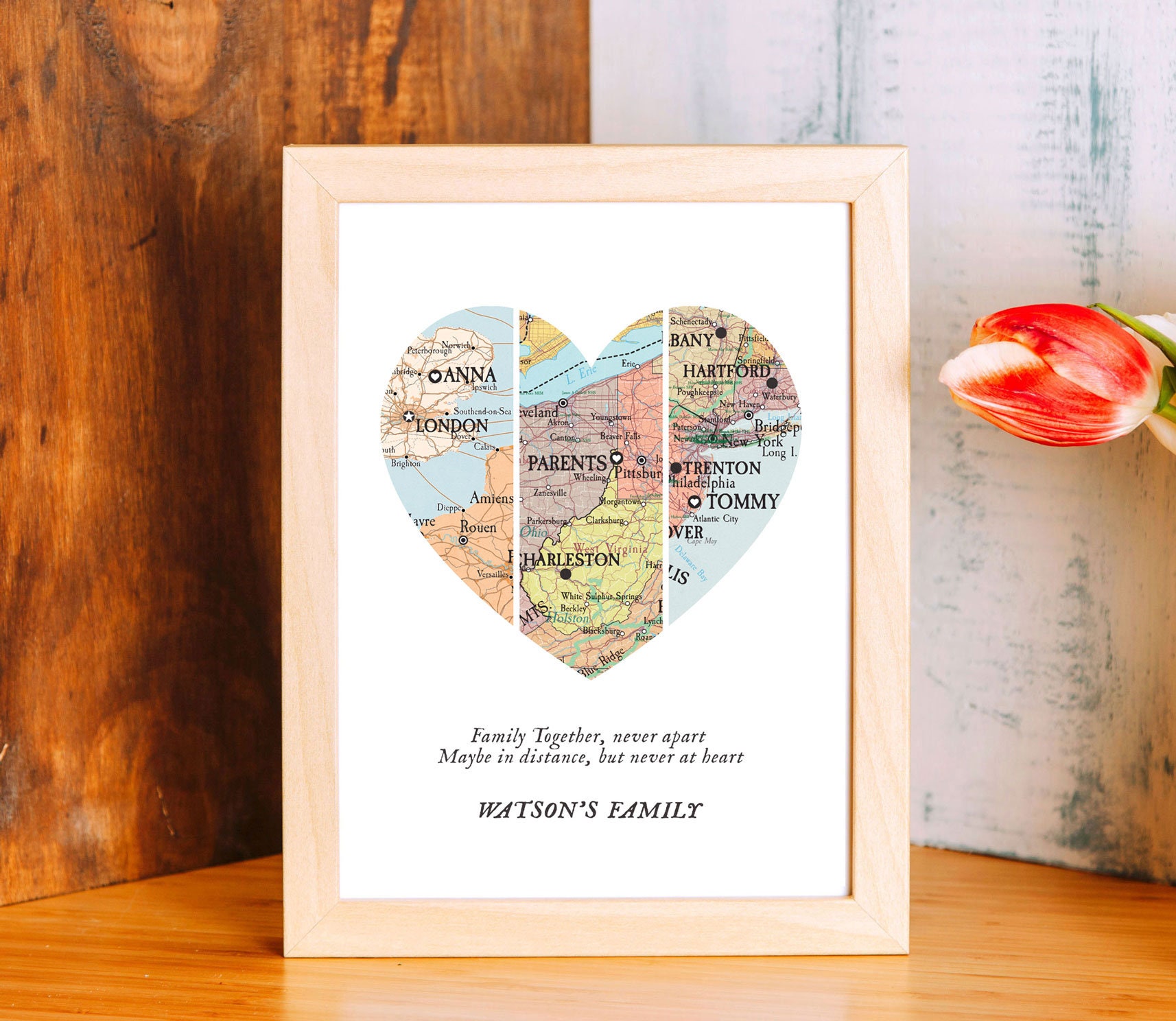 Map With Family Placesmap 3 Places Family Printcustom Family - Etsy