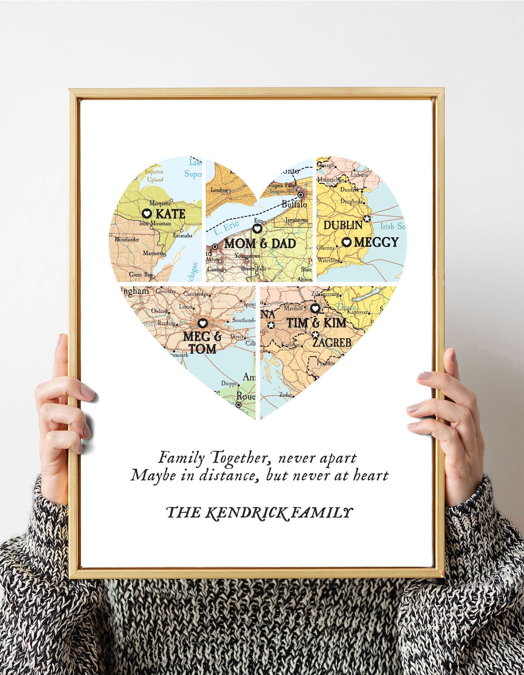 Family Distance Gift Map Never Apart,map 5 Places Heart Print,family ...