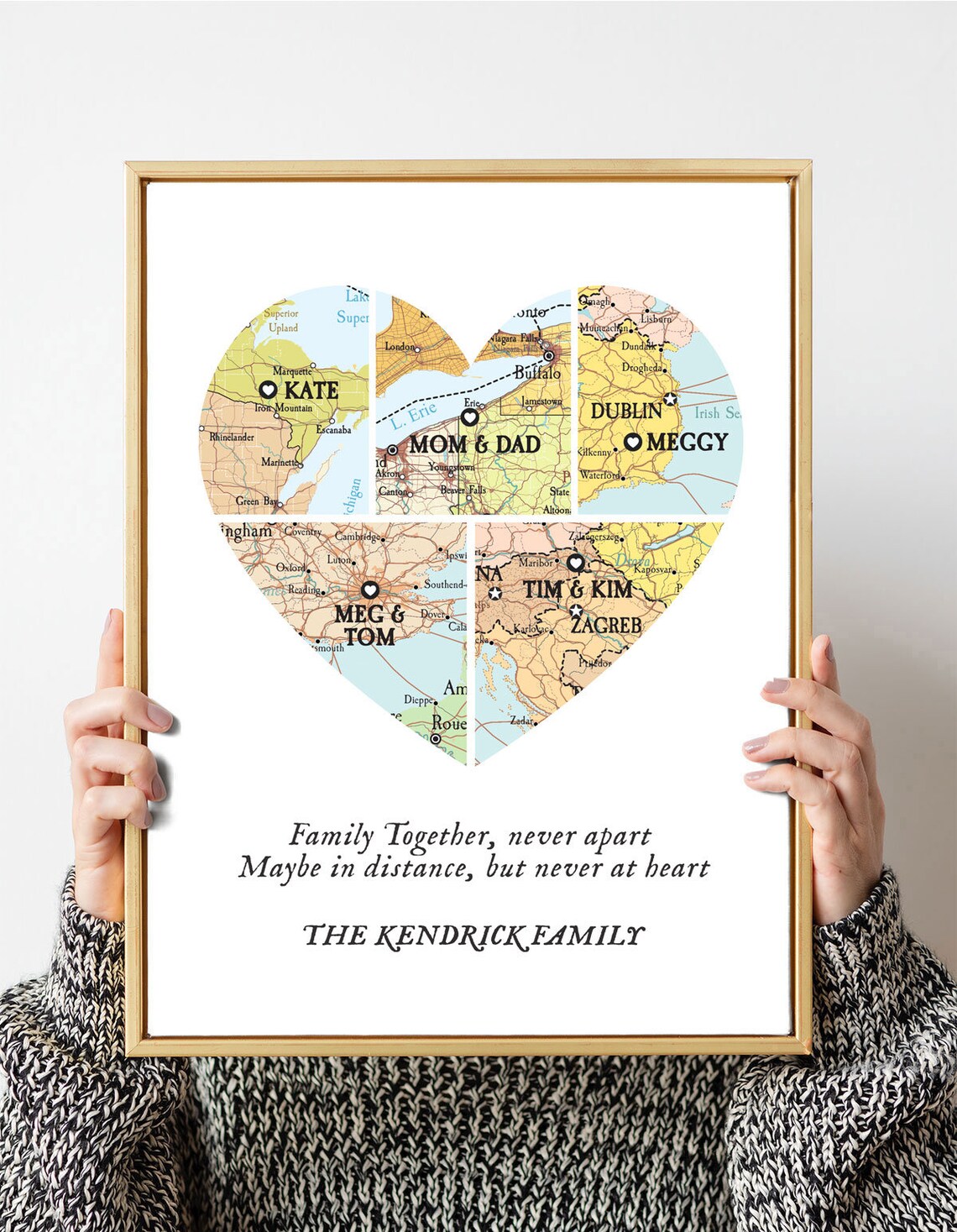 Personalized Family Map Print: 5 Locations, Long Distance Gift - Etsy